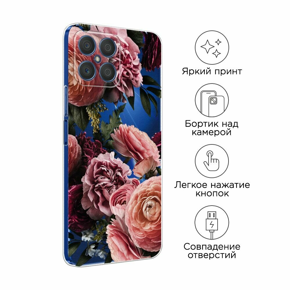 Чехол на Honor X8 / Хуавей X8 с принтом "Бордовые винтажные цветы", прозрачный — фото 1