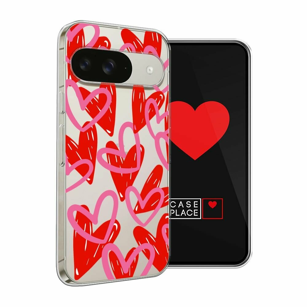 Чехол на Google Pixel 9 / Гугл Пиксель 9 с принтом "Hearts doodles - 14 февраля", прозрачный — фото 1