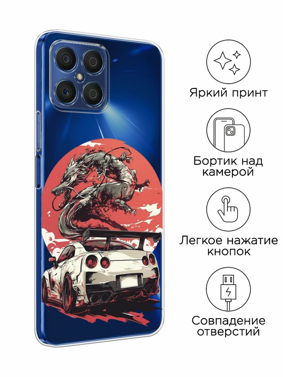 Чехол на Honor X8 / Хуавей X8 с принтом "Car and dragon", прозрачный — фото 1