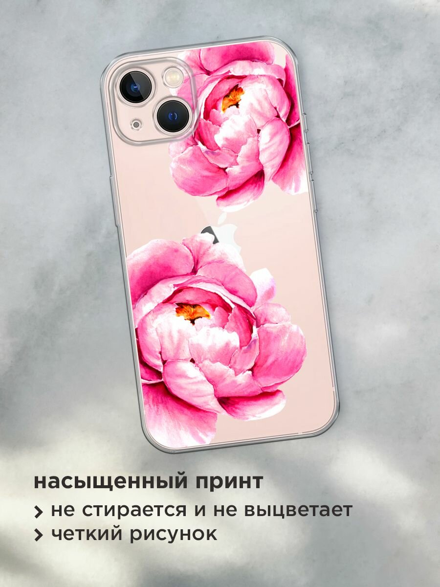 Чехол на Apple iPhone 13 / Айфон 13 с принтом "Open peonies", прозрачный — фото 1