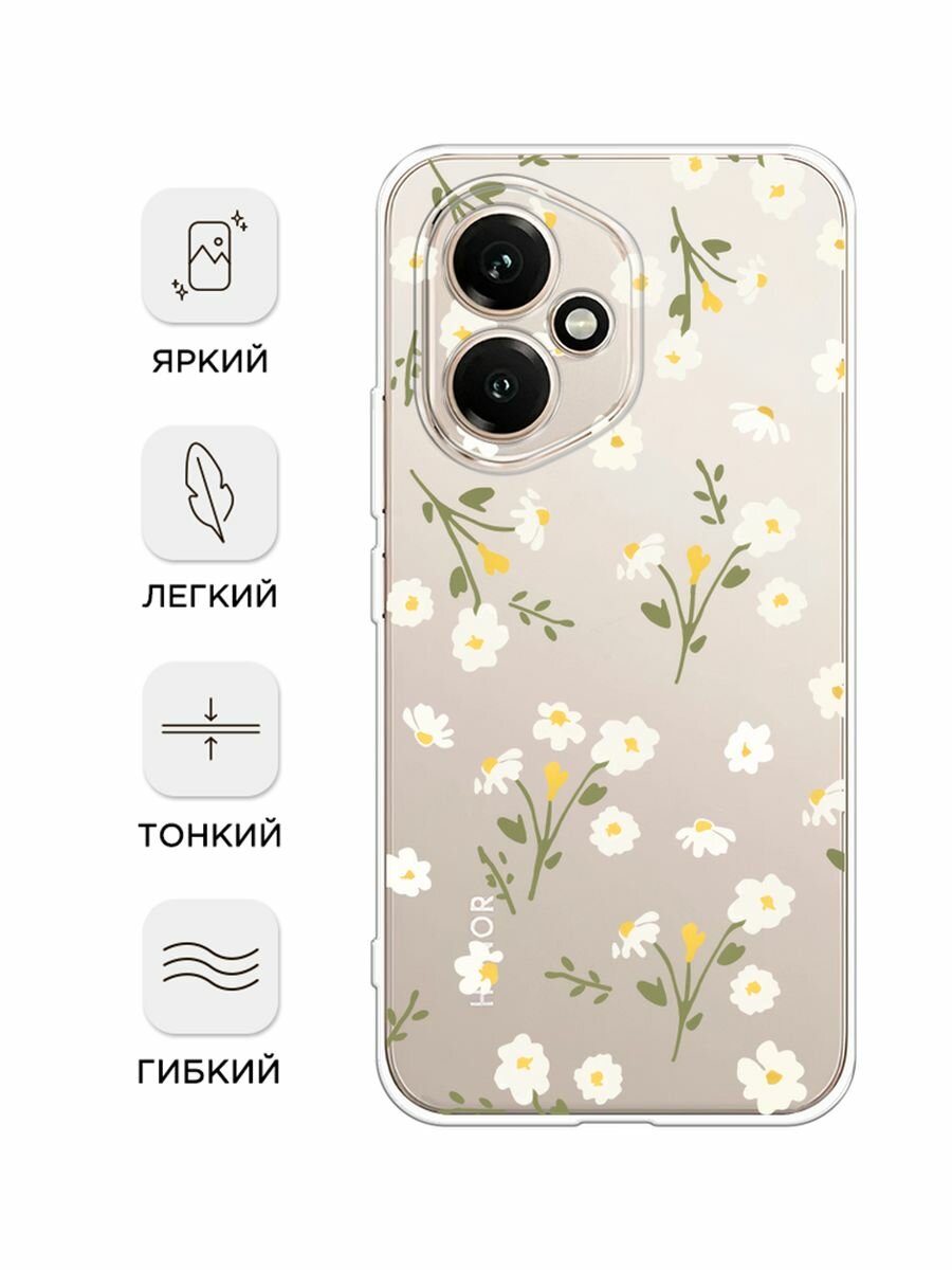 Чехол на Honor 400 / Хонор 400 с принтом "Пучки ромашек паттерн", прозрачный — фото 1