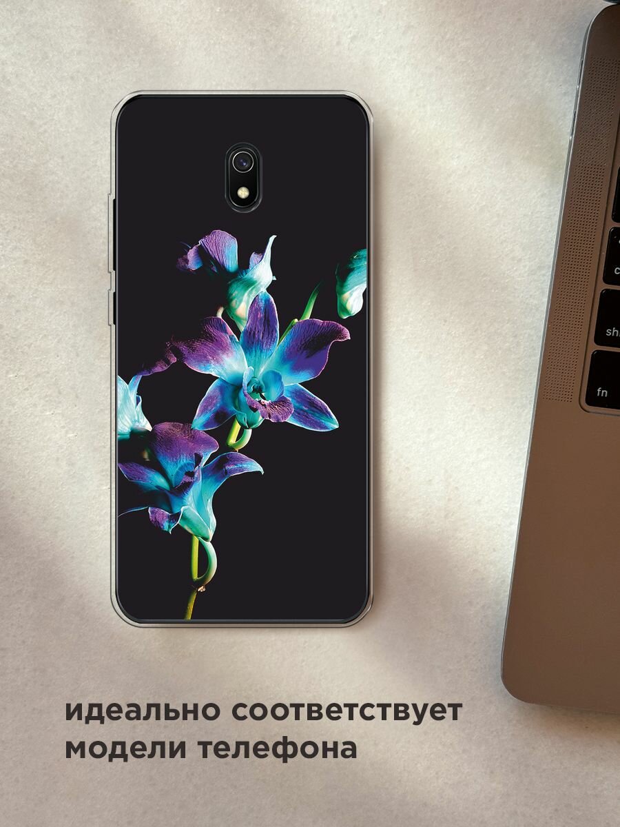 Чехол на Xiaomi Redmi 8A / Сяоми Редми 8А с принтом "Синий цветок на черном" — фото 1