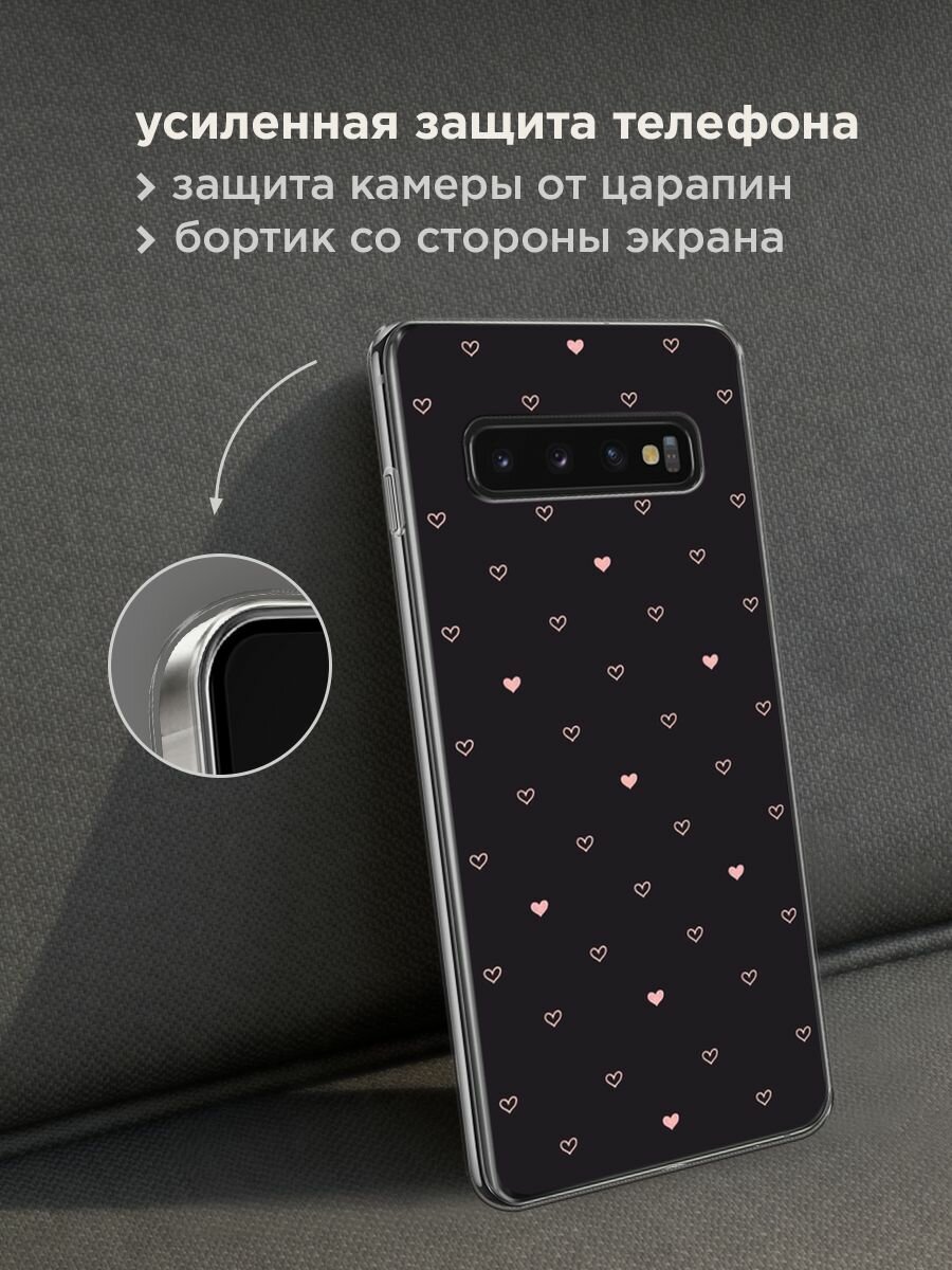 Чехол на Samsung Galaxy S10 / Самсунг Галакси S10 с принтом "Черный фон и сердечки" — фото 1