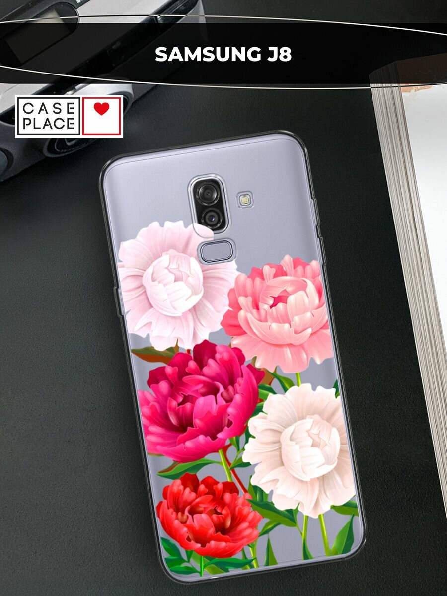 Чехол на Samsung Galaxy J8 / Самсунг Галакси Джей 8 с принтом "Большие пионы", прозрачный