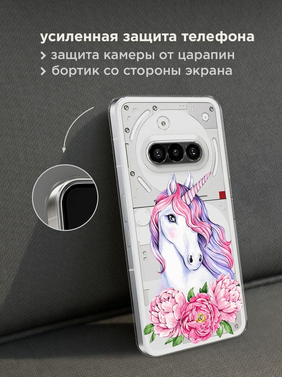Чехол на Nothing Phone 3a / Нотинг Фон 3а с принтом "Единорог с пионами", прозрачный — фото 1