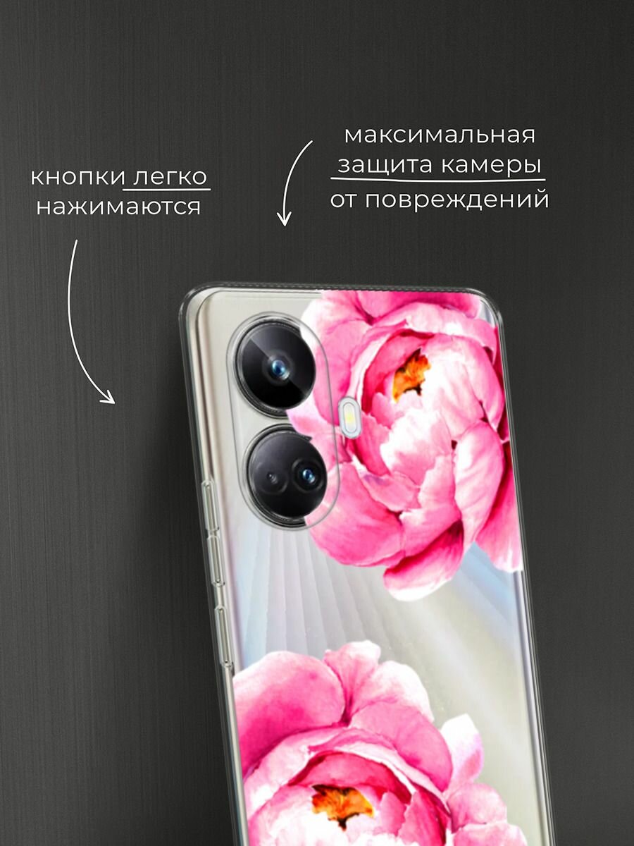 Чехол на Realme 10 Pro+ / Реалми 10 Про+ с принтом "Open peonies", прозрачный — фото 1