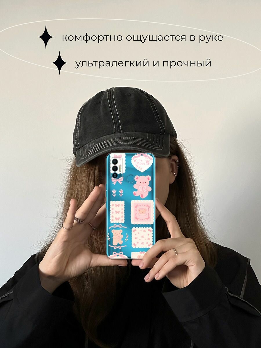 Чехол на Tecno Spark 7 / Техно Спарк 7 с принтом "Розовые марки", прозрачный — фото 1