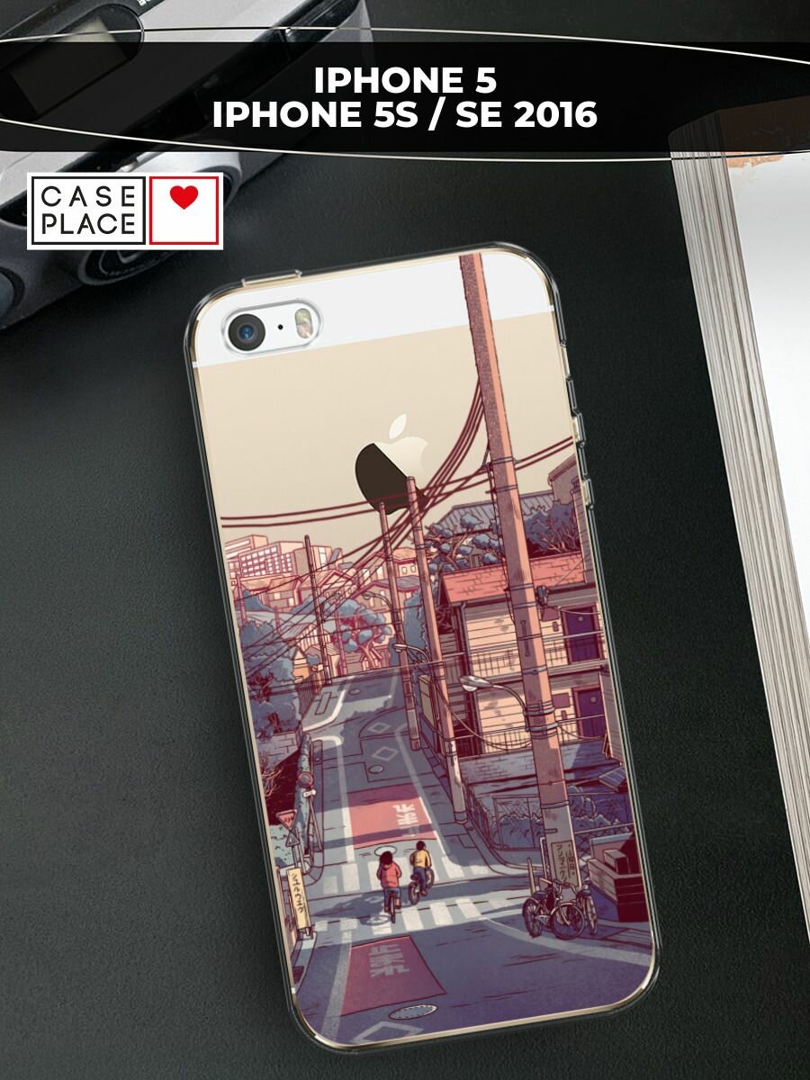 Чехол на Apple iPhone 5/5S/SE / Айфон 5/5S/SE с принтом "Закат на японской улице", прозрачный