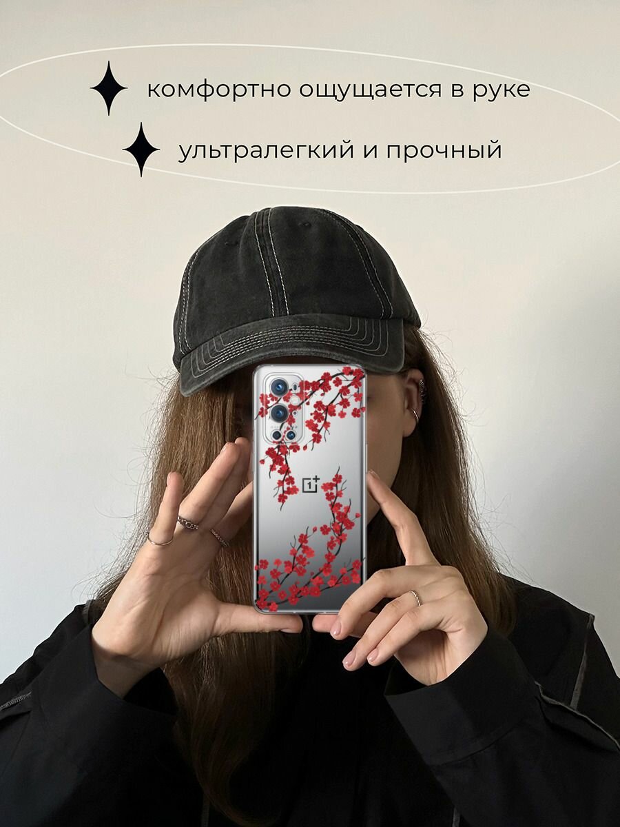 Чехол на OnePlus 9 Pro / ВанПлас 9 Про с принтом "Красная сакура", прозрачный — фото 1