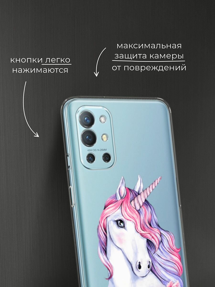 Чехол на OnePlus 9R / ВанПлас 9R с принтом "Единорог с пионами", прозрачный — фото 1