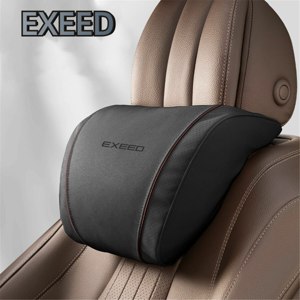 Подушка автомобильная EXEED TXL, Подушка автомобильная на подголовник EXEED, поддержка шеи, черная, экозамша с красной