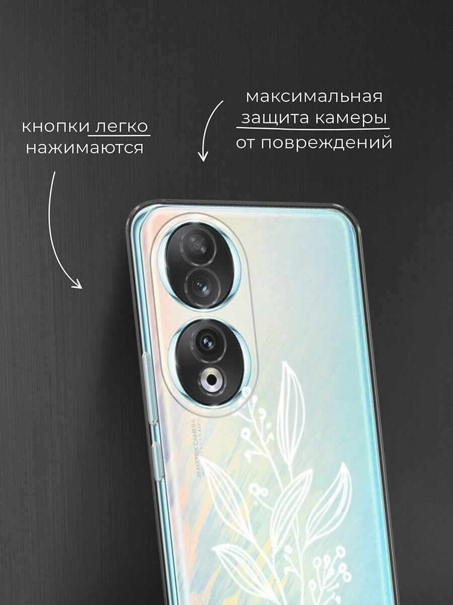 Чехол на Honor 90 / Хонор 90 с принтом "Ветка с листочками и цветами", прозрачный — фото 1