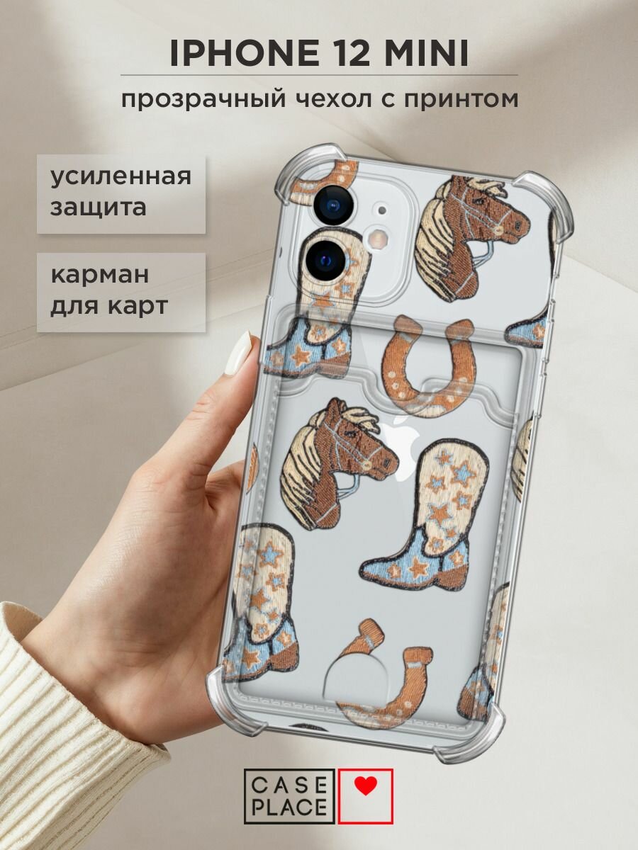 Чехол на Apple iPhone 12 mini (Айфон 12 Мини) с картой и принтом "Конь, подкова и сапог"