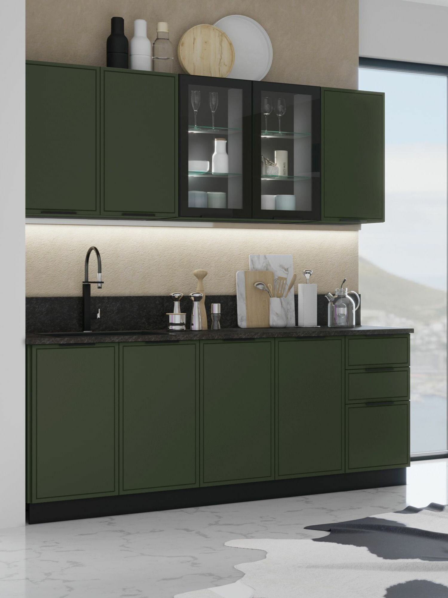 Кухонный гарнитур Николь 2м холст темно-зеленый/корпус графит со столешницей миф