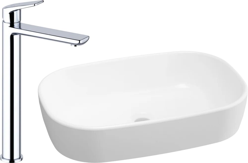 Комплект 2 в 1 Накладная раковина Lavinia Boho Bathroom Sink 33311002 54 глянцевая белая / Смеситель Wellsee ONCE! and forever 182406000, хром