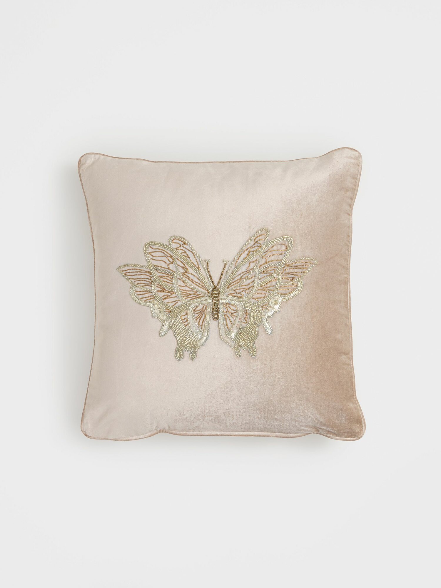 Подушка декоративная, 50х50 см, вельвет/бисер, бежевая, Бабочка, Bugs