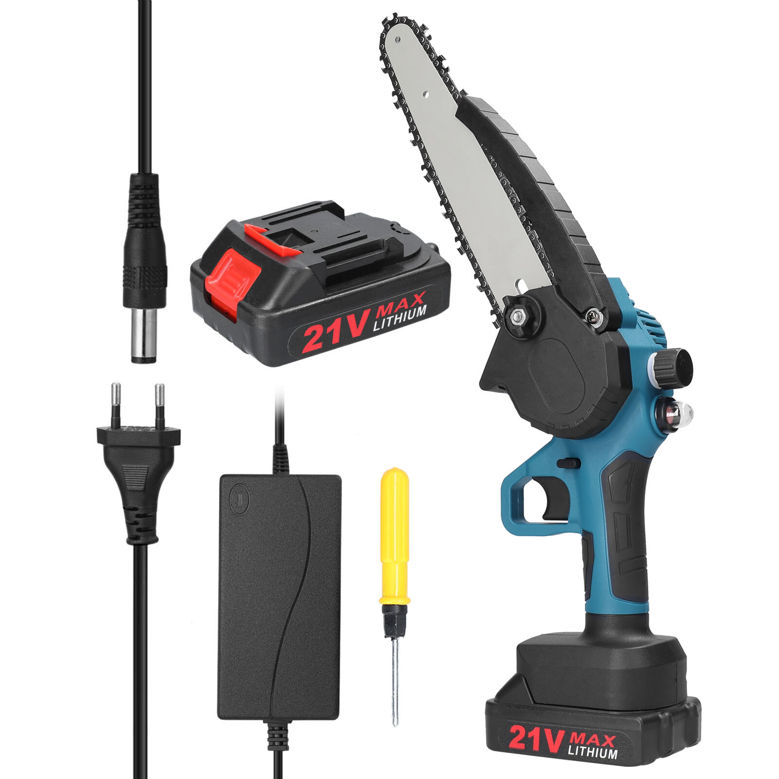 21V 8inch Портативная Электрическая Пилорама Маленькая Цепная Пила для Деления Древесины Мотор с Щетками Однорукое Инструмент для Древообработки Сада Плодового Сада ABS+металл 2*Литий Battery 7500mAh EU/UK/USA Plug 5m/s 353*125*130mm 1873g