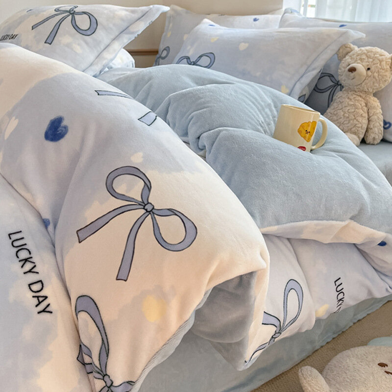 Зимний комплект постельного белья из флиса кораллового цвета из четырех предметов (класс А, пододеяльник из молочного флиса, утолщенное фланелевое постельное белье, простыни и пододеяльники на флисовой подкладке),150*200cm