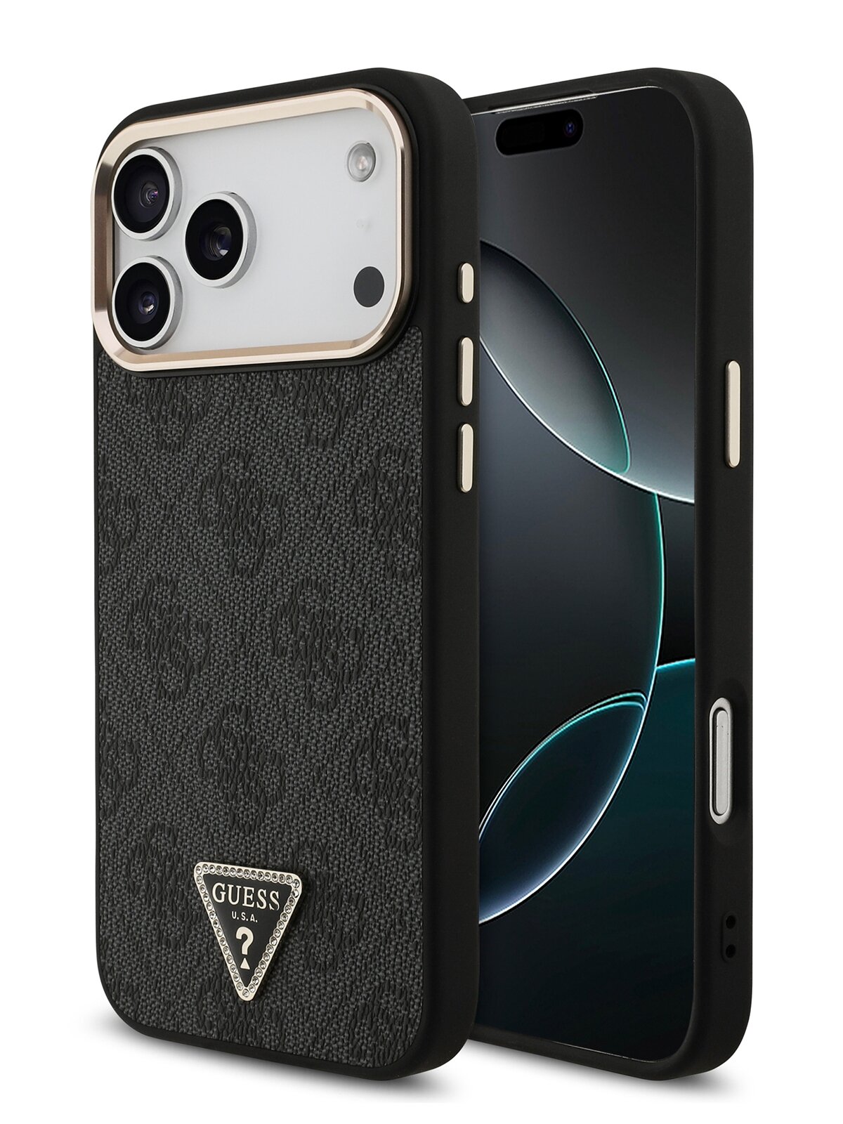 Guess чехол с MagSafe для iPhone 17 Pro Max, PU кожа 4G Triangle Diamond metal logo Gold camera, черный