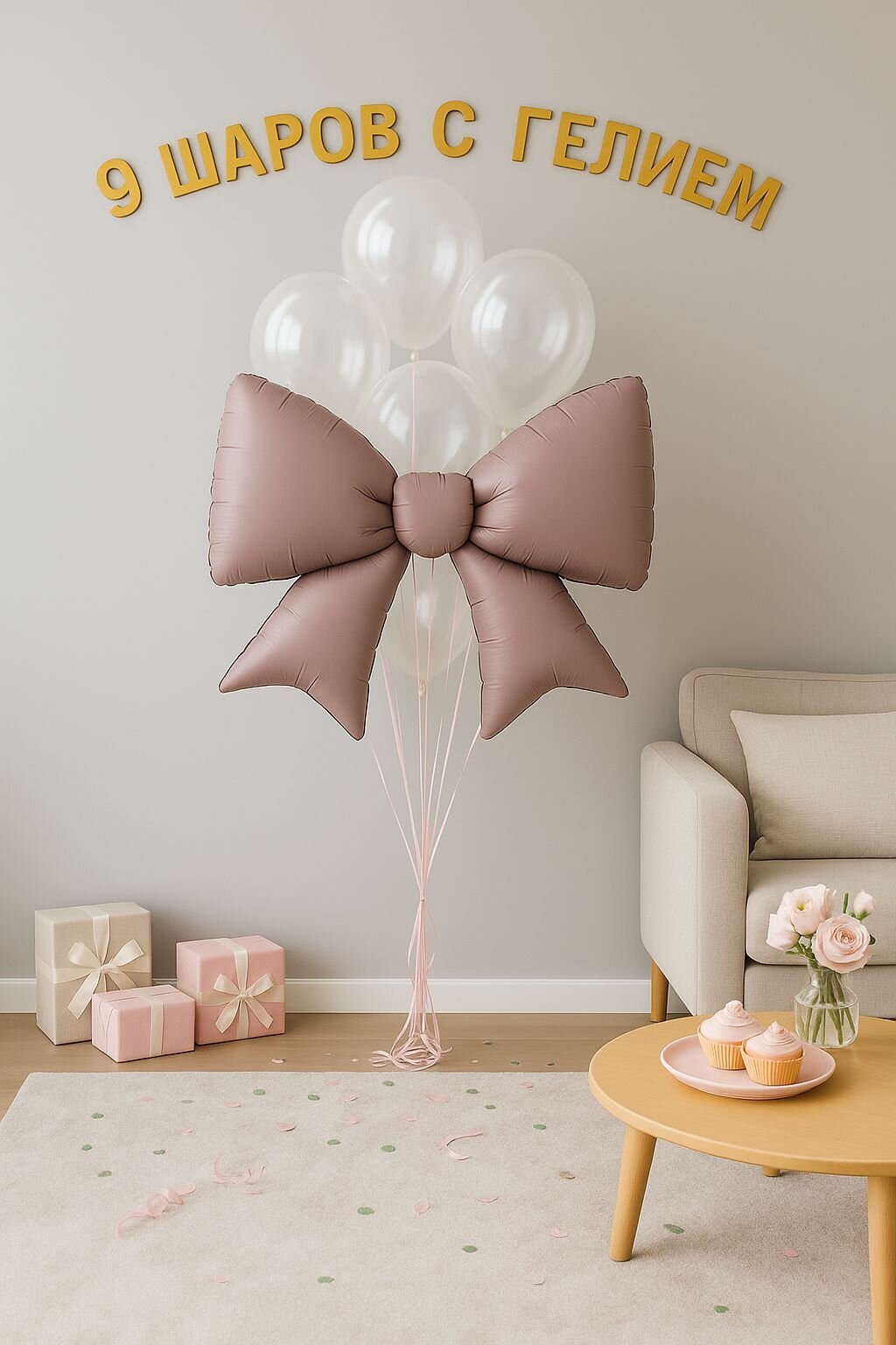 Фольгированные воздушные шары надутые в фонтан из латексных шаров "Очаровательный бант", 9 шт