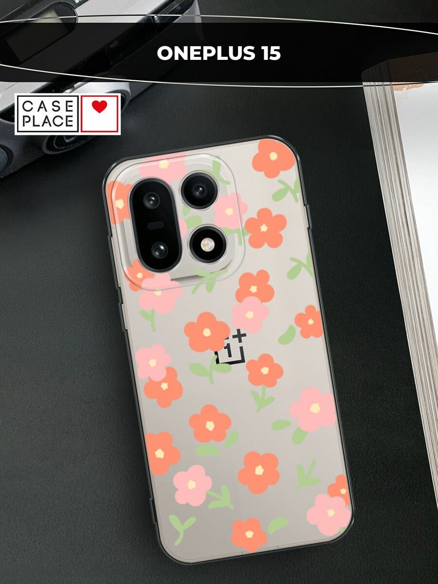 Чехол на OnePlus 15 / Ван Плас 15 с принтом Красные цветочки рисунок, прозрачный