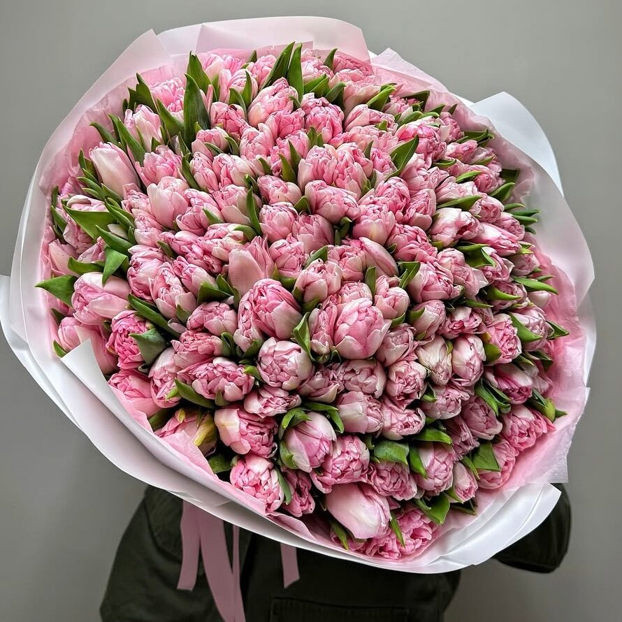 Букет из розовых пионовидных тюльпанов 101 шт, красивый букет цветов, шикарный, премиум цветы, премиум букет