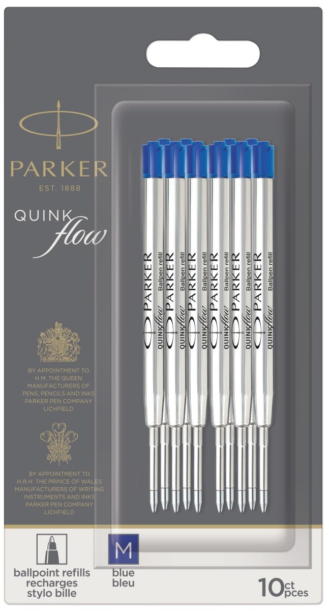 Шариковые стержни Parker Quink Flow M (средний размер шарика), синие, 10 шт, в блистере