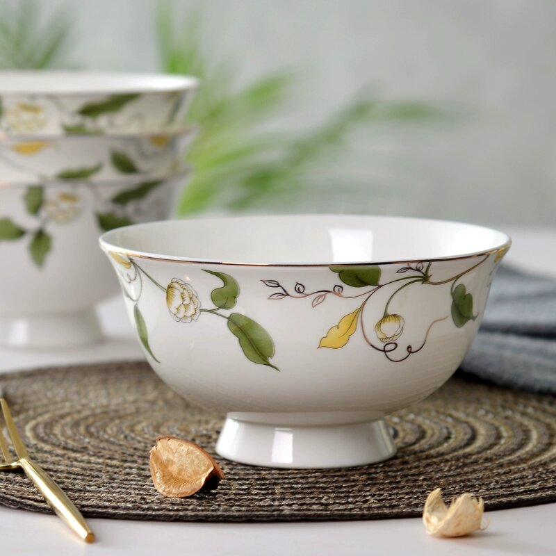 Чаша для риса Jinlan Jade Tangshan Bone China 5inch на высокой ножке, керамическая, с защитой от ожогов, с подставкой,