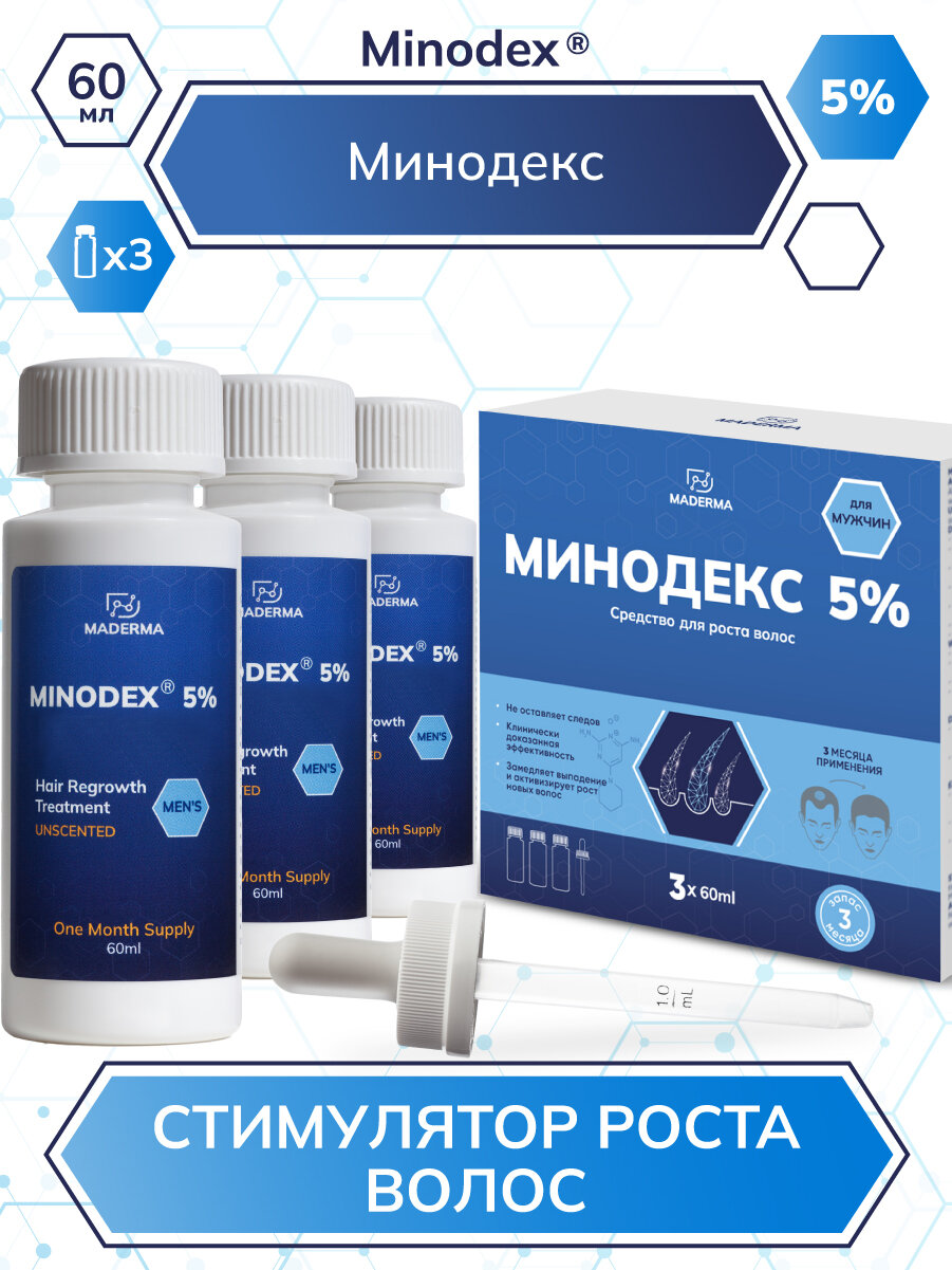 Minodex 5%, сыворотка активатор роста волос и бороды, лосьон стимулятор волосяных фолликулов, 3 х 60 мл