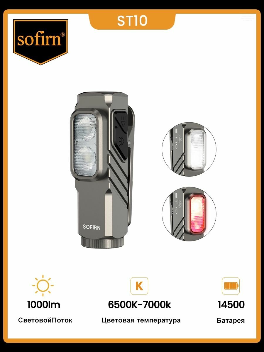 Многофункциональный фонарик-прищепка Sofrin ST10 EDC 1000 лм (точечный/распространяющий/красный луч) с магнитным креплением на хвосте, 14500 батареек 900 мАч/AA