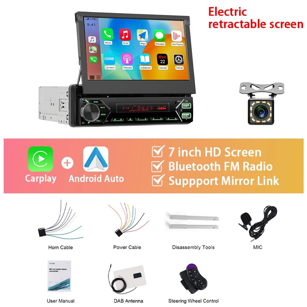 Podofo DAB+ 1Din 7-дюймовый MP5-плеер с автоматическим/ручным выдвижным Automatic screen CAM