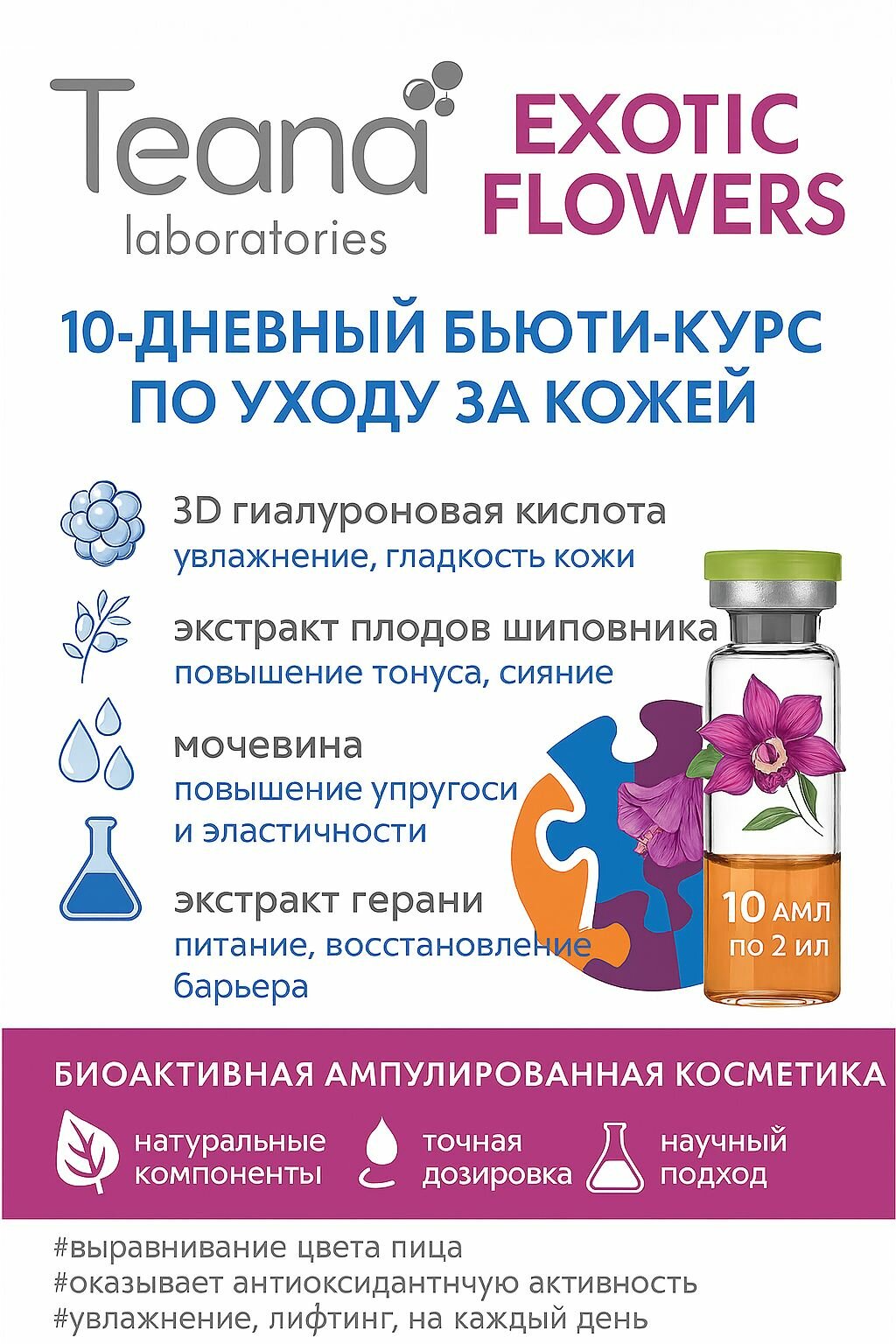 Teana EXOTIC FLOWERS 10-дневный бьюти-курс, ампулы для сияющей и увлажнённой кожи, 10 2 мл