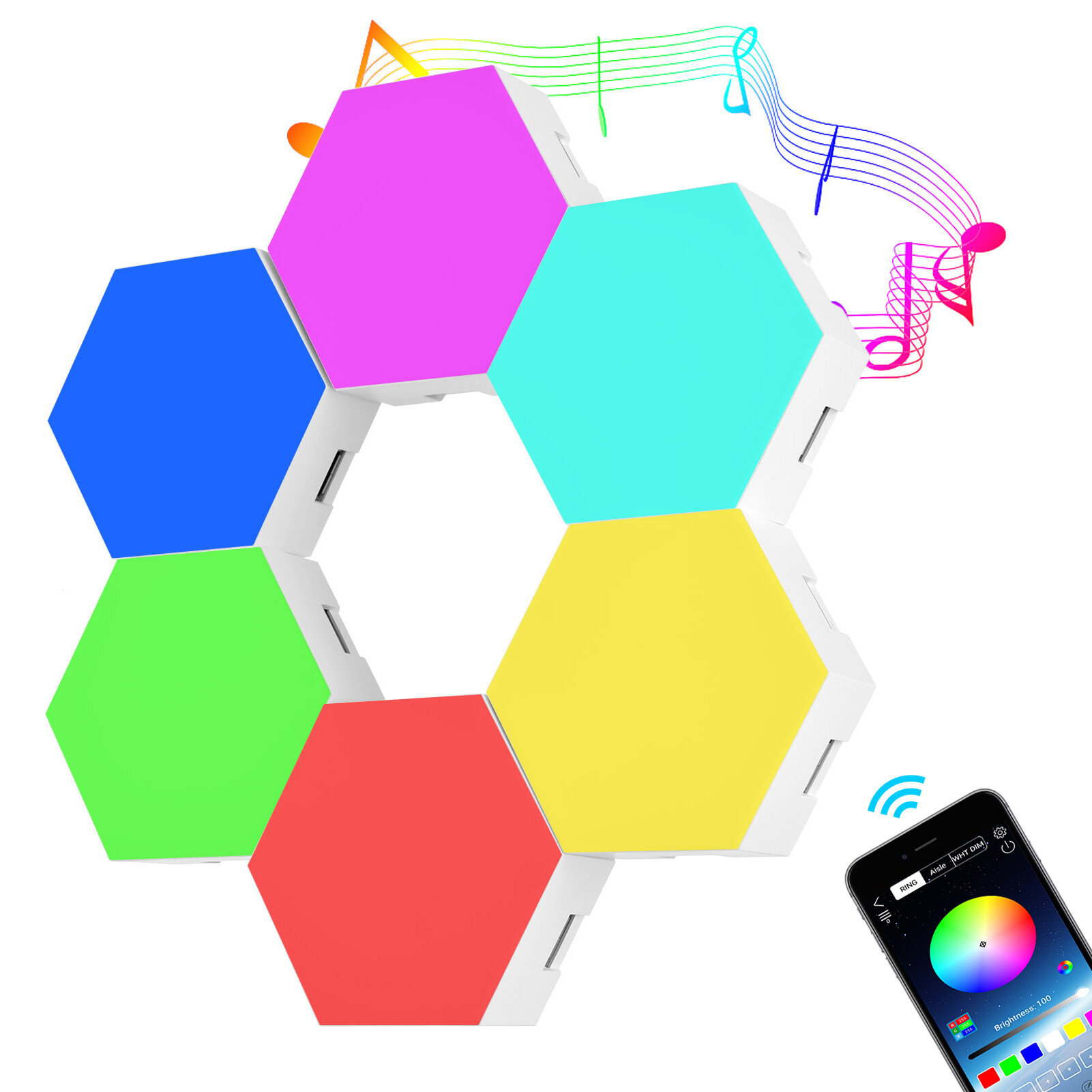 6PCS Умные светодиодные RGB шестиугольные настенные светильники с звуковым управлением, эффектом разноцветного света, приложением для управления и клеевыми подставками для спальни, гостиной, игровой комнаты, Белый цвет, Материал Пластик, Размер