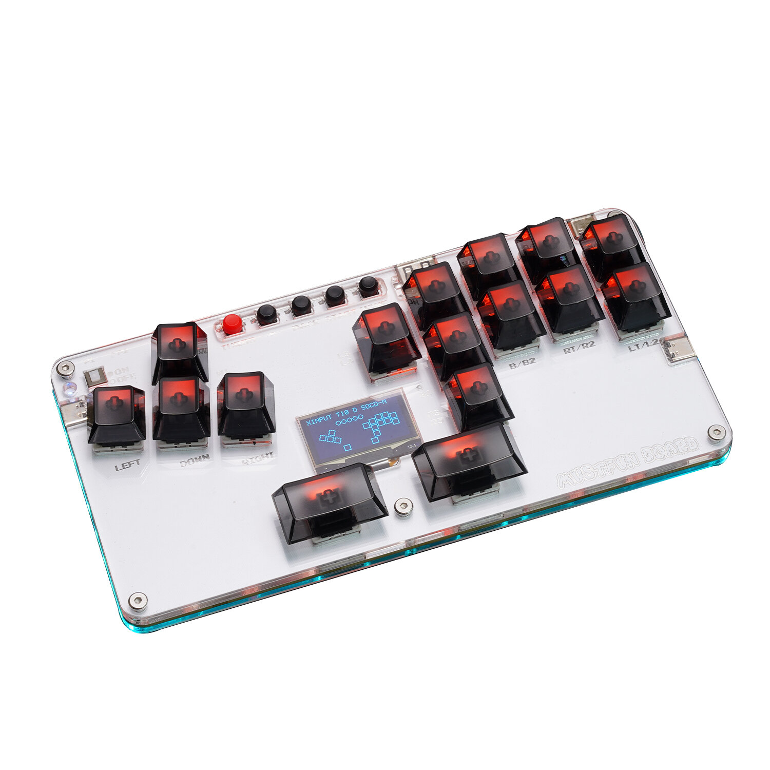 MustFun Hitbox Stickless Controller с дисплеем, мини геймерская клавиатура для PC/Android/Switch/PS3/PS4/Steam/Arcade, черный полупрозрачный (черные кнопки), USB Type-C, размер 197mm*98mm*11mm, вес упаковки 380g