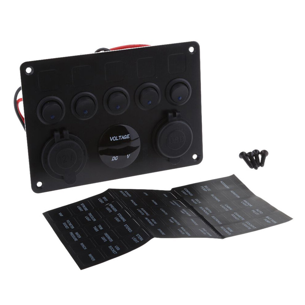 Панель переключателей Rocker Switch Panel 5 Gang с встроенным цифровым вольтметром, двойным USB разъемом, синим светом, для использования на суднах, лодках, автомобилях, караванах, грузовиках, с входным напряжением DC 12V/24V, выходом USB DC 5V/4.2A,