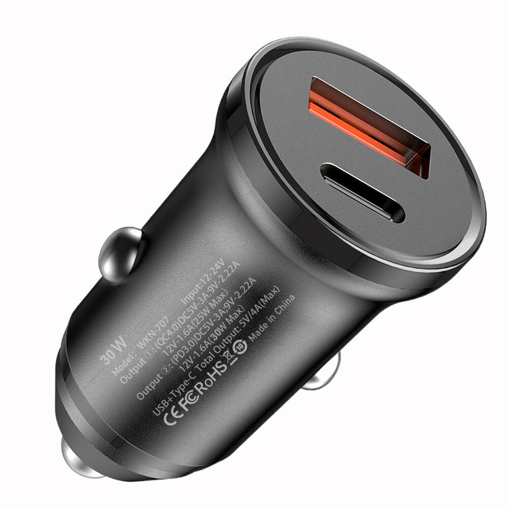 Автомобильный зарядник для мобильных телефонов 30W QC4.0+PD с двойной линией быстрой зарядки 5A USB Type-c, розетка для зажигания автомобиля, цвета: белый, черный (доступно по выбору), вход: 12-24V 50-60Hz, выход (черный): 5V/3A, 9V/2.22A, 12V/1.67A,