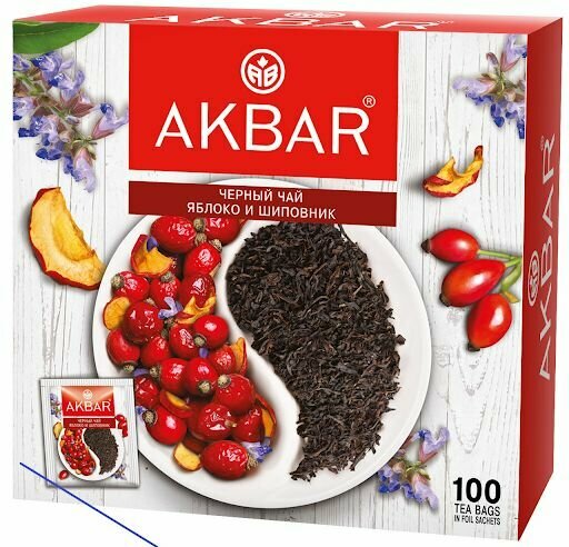 Чай черный AKBAR Яблоко и шиповник, 100пак x 5 упаковок