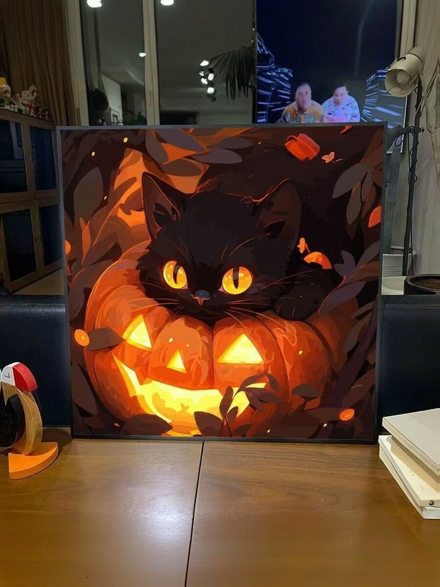 Картина по номерам 20x20 см - Хэллоуин и милые коты (набор для рисования)