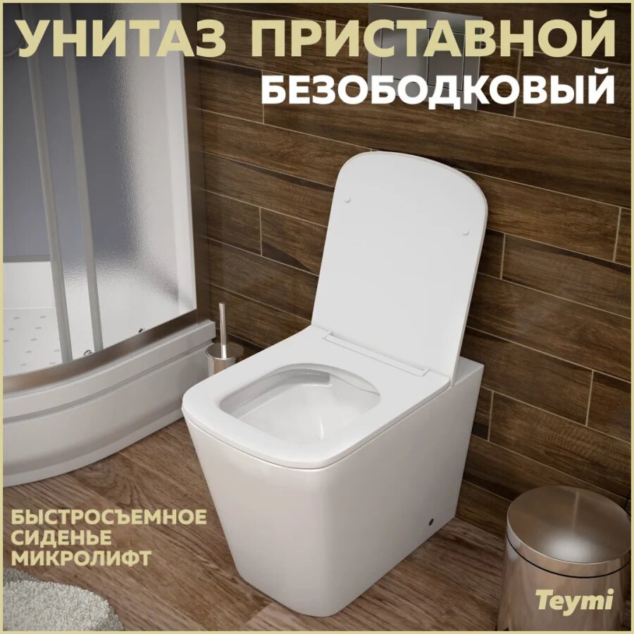 Унитаз приставной напольный Teymi Helmi HD T40108 с микролифтом, безободковый, без бачка, фарфоровый, квадратный, антивсплеск белый