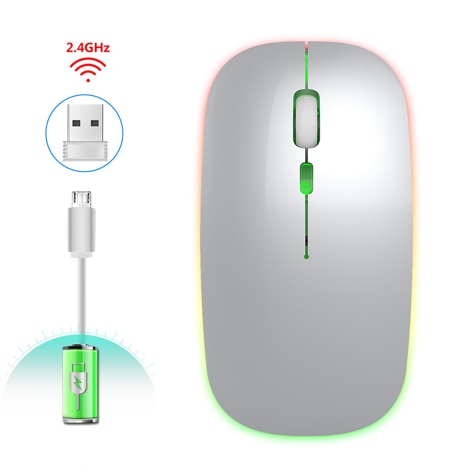 Одномодовый беспроводной мышь с RGB-подсветкой, бесшумная работа, аккумуляторная, серебристый цвет для ноутбука,