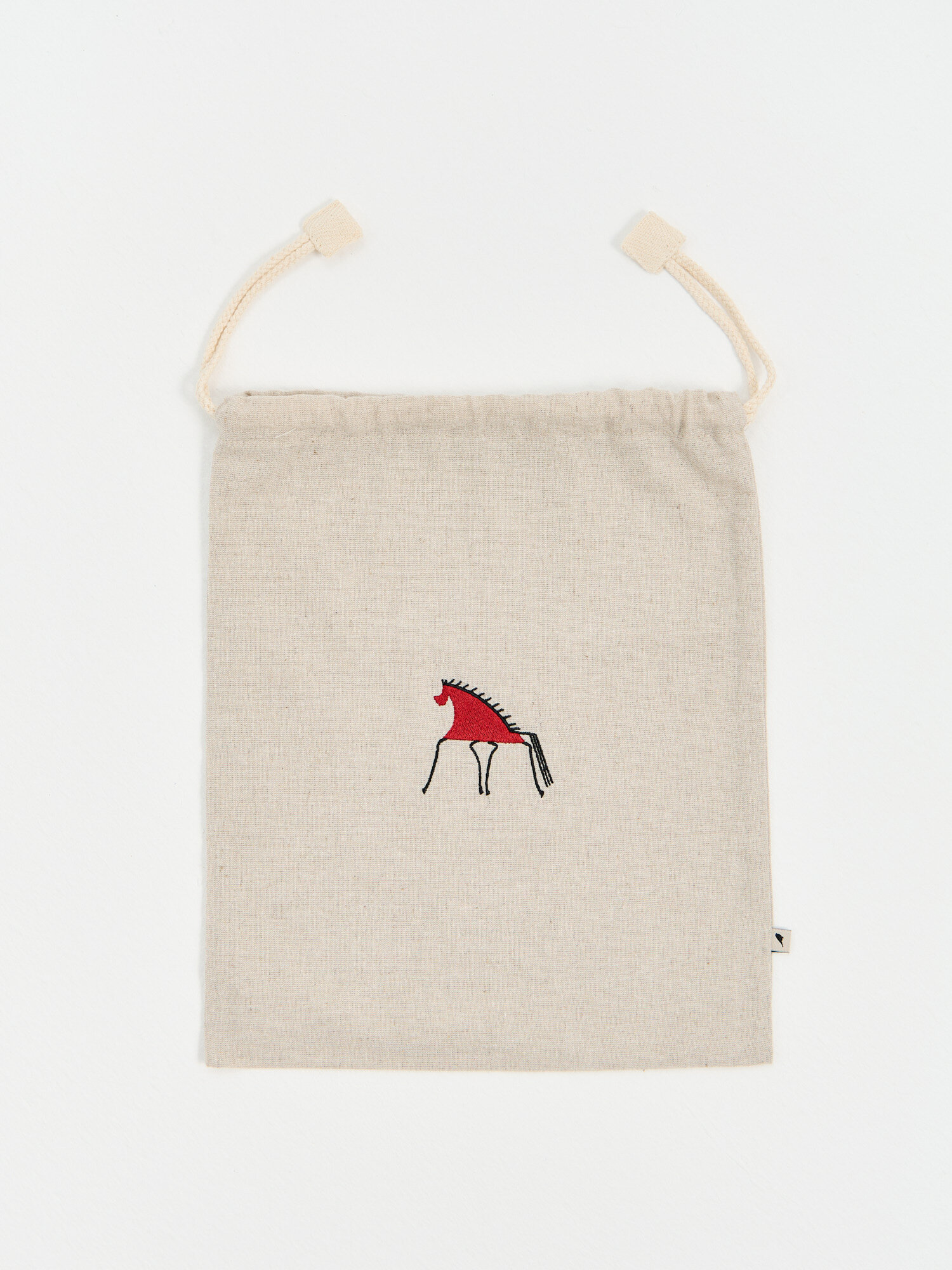 Льняной мешочек для хранения Берегите птиц, бежевый, вышивка Мезенская лошадка, L