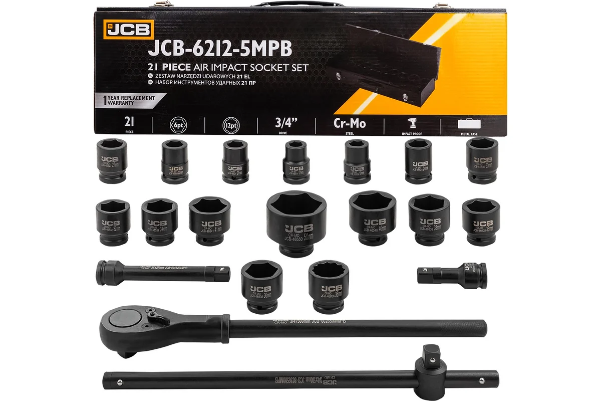 Набор инструментов JCB, ударные, 3/4", 21 предмет, 6-гранные, сталь