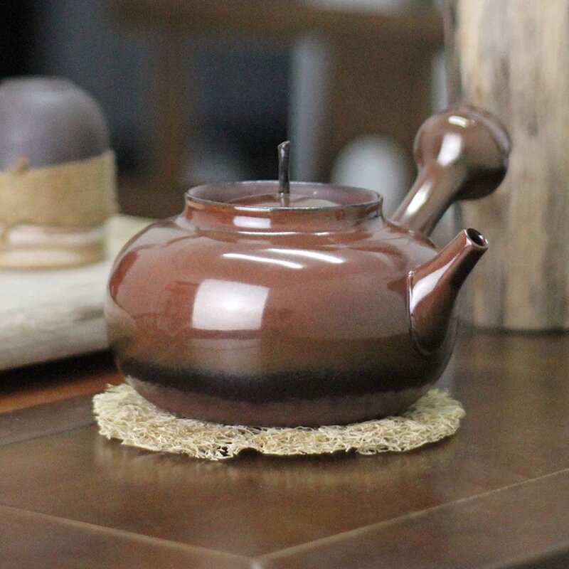 Чайник ручной работы, обжигаемый на дровах, для заваривания чая, с боковой ручкой, из грубой керамики, для открытого