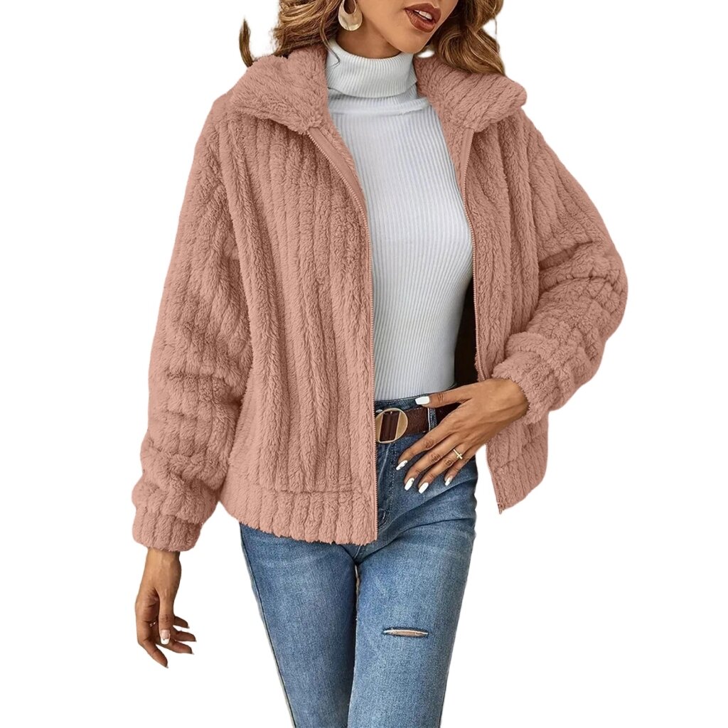 Женская флисовая куртка с длинными рукавами и отворотом на молнии-розовый-M