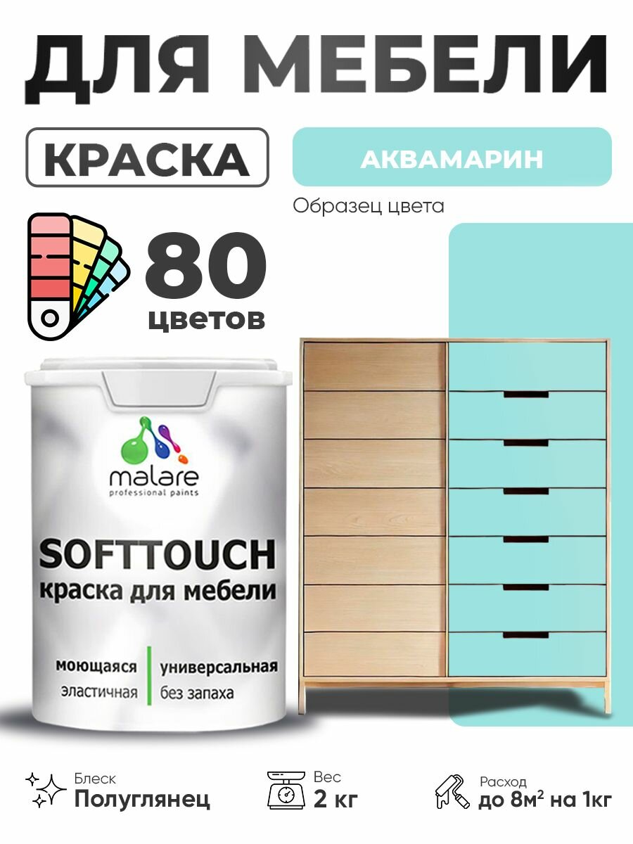 Резиновая краска для мебели Malare SoftTouch для кухонных фасадов для дерева и МДФ, моющаяся быстросохнущая, полуглянцевая, аквамарин, 2 кг.