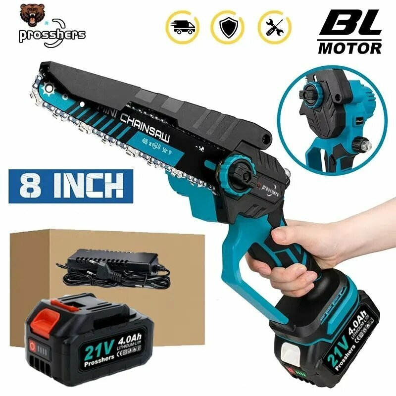 Prosshers Бесщеточная электрическая пила 1800 Вт 8 дюймов 21 В Аккумуляторная бензопила -1 Аккумулятора 4,0 Ач