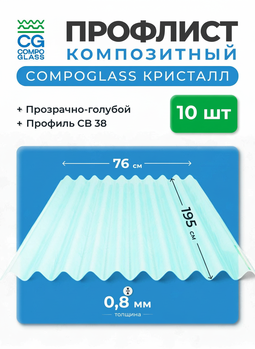 Композитный профлист для забора и крыши, профиль СВ-38, прозрачный голубой, глянцевый, 0,8 мм, 760х1950 мм 10 листов