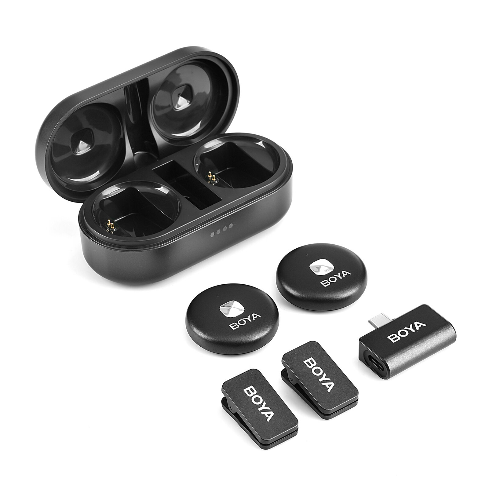 BOYA Wireless Microphone System с 1 Receiver + 2 Transmitters + Charging Box, Диапазон передачи 50M, Встроенный аккумулятор, для Android Phone, Computer, Laptop, Camera, для Live Streaming, 2.4GHz digital frequency, GFSK, Omnidirectional, PIFA, 10dBm,