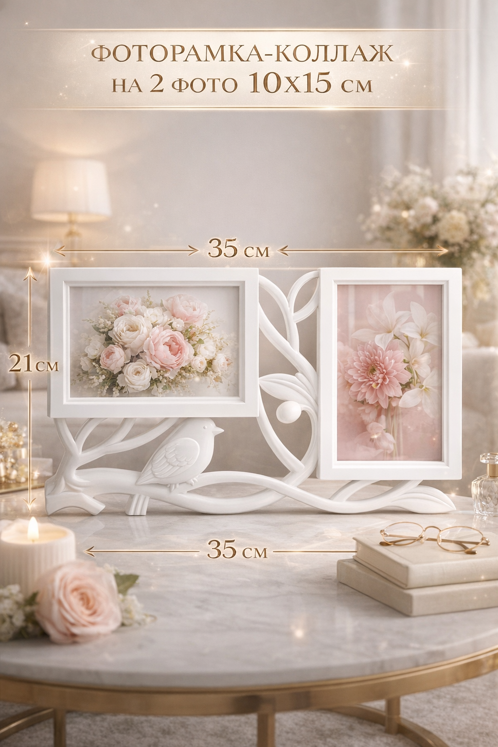 Фоторамка - коллаж на 2 фото 10×15 см "Птица счастья" размер 21×35 см, цвет белый