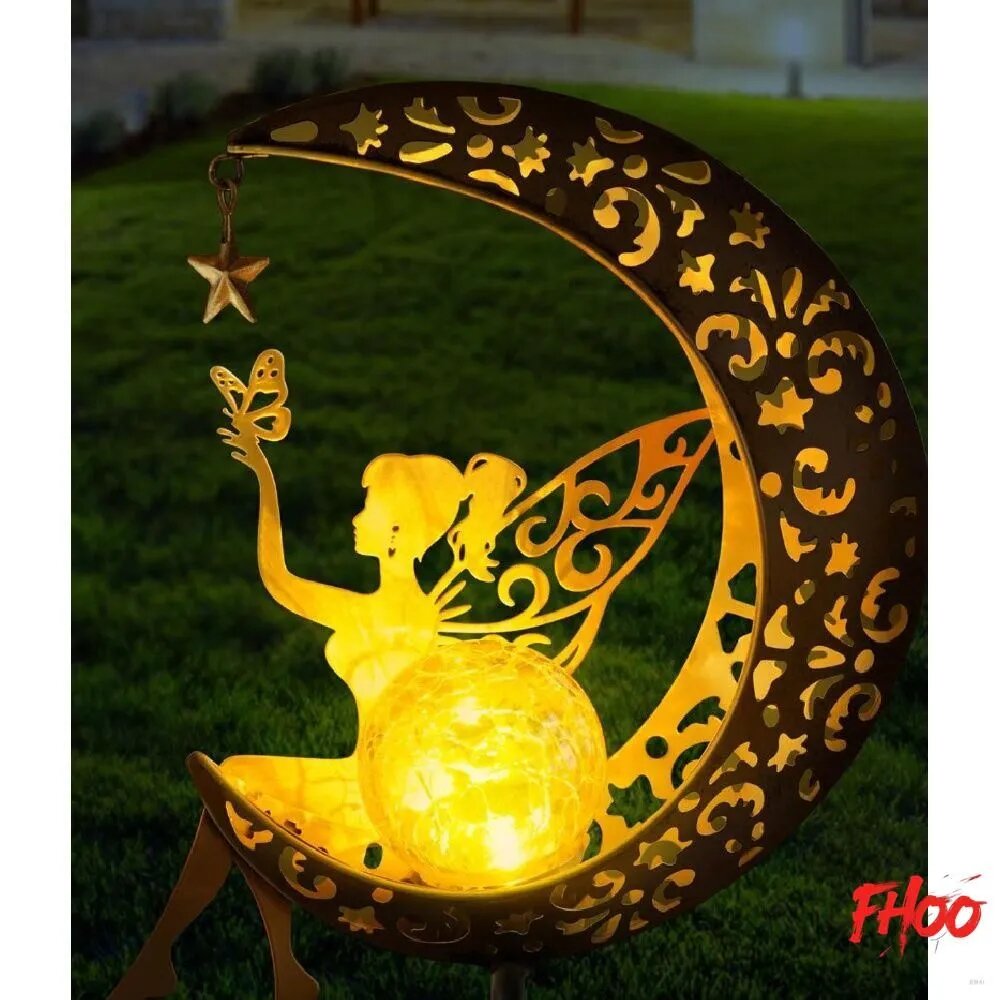 Фигурка садовая LED Фея на Луне с шаром и звездой, металлическая декоративная подсветка — фото 1